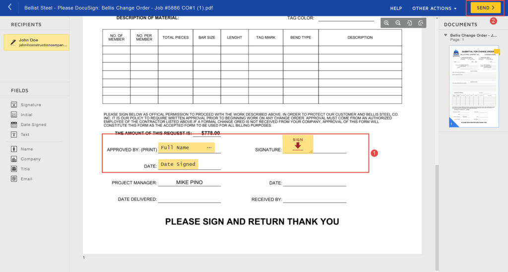 Docusign – Change Order Guide – Bellis Steel | Reinforcing Steel